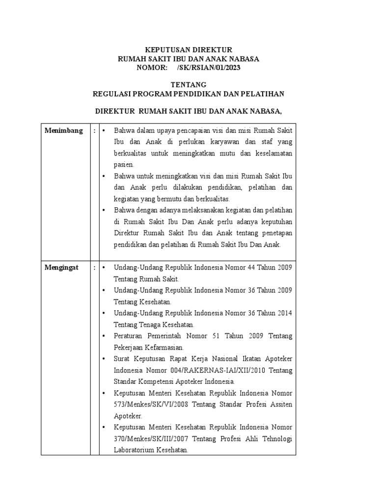 Regulasi Pendidikan dan Pelatihan RSIA Nabasa | PDF