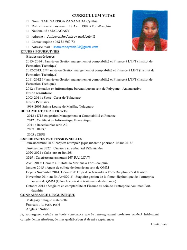CV de Cynthia Tahinarisoa | PDF