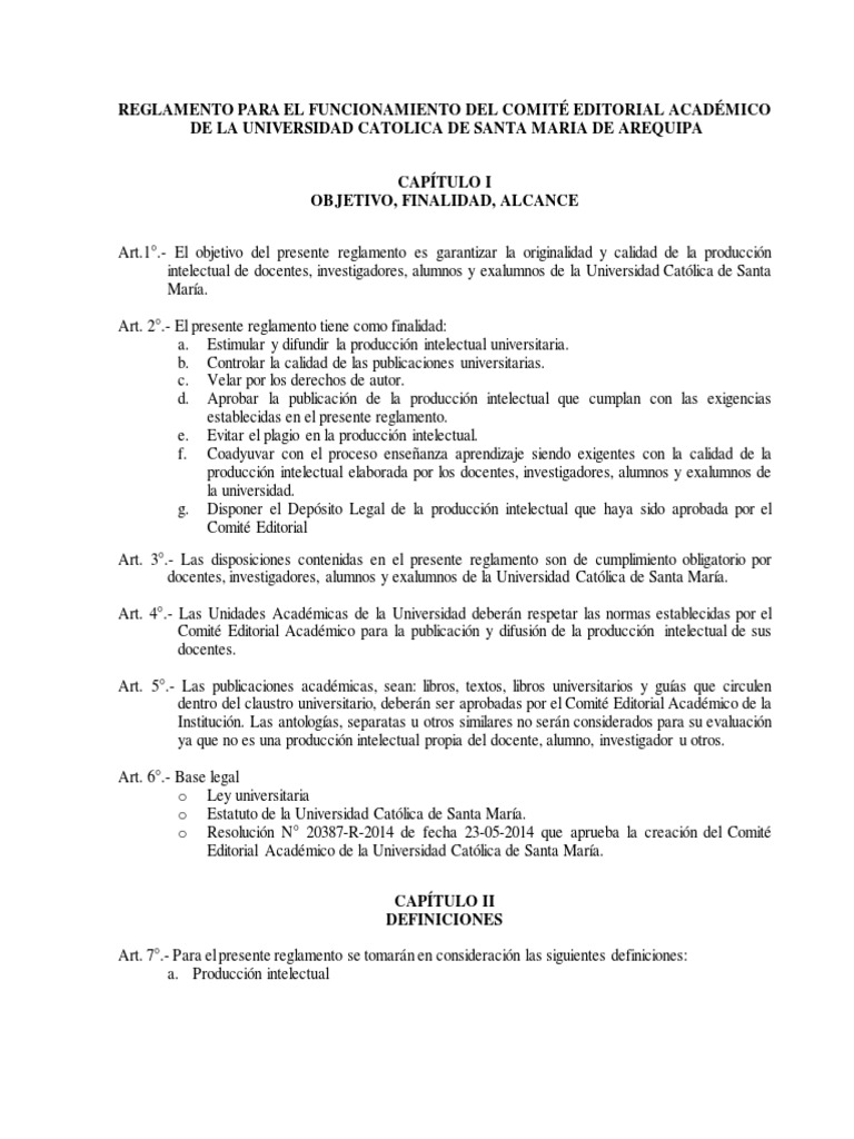 Reglamento Del Comite Editorial UCSM | PDF | Publicación | Propiedad intelectual