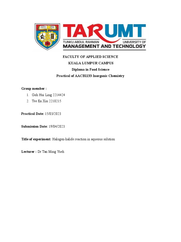 Experiment 5 Halogen Halide Reactions In Aqueous Solutions Pdf