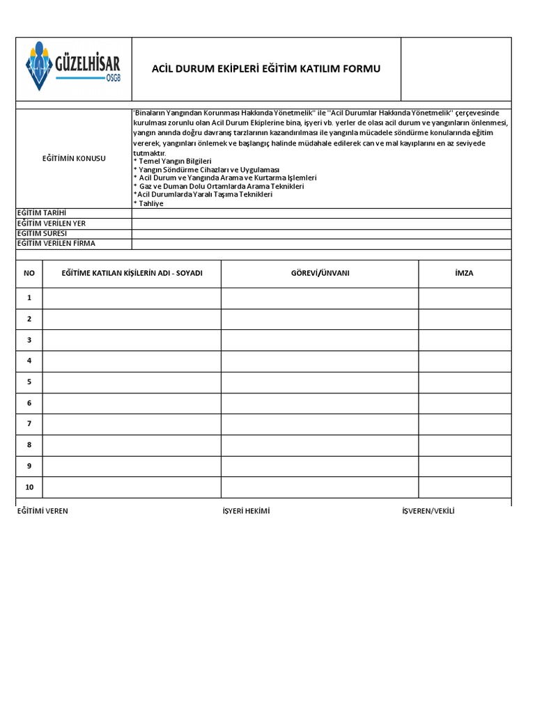 ACİL DURUM EKİPLERİ EĞİTİM KATILIM FORMU | PDF