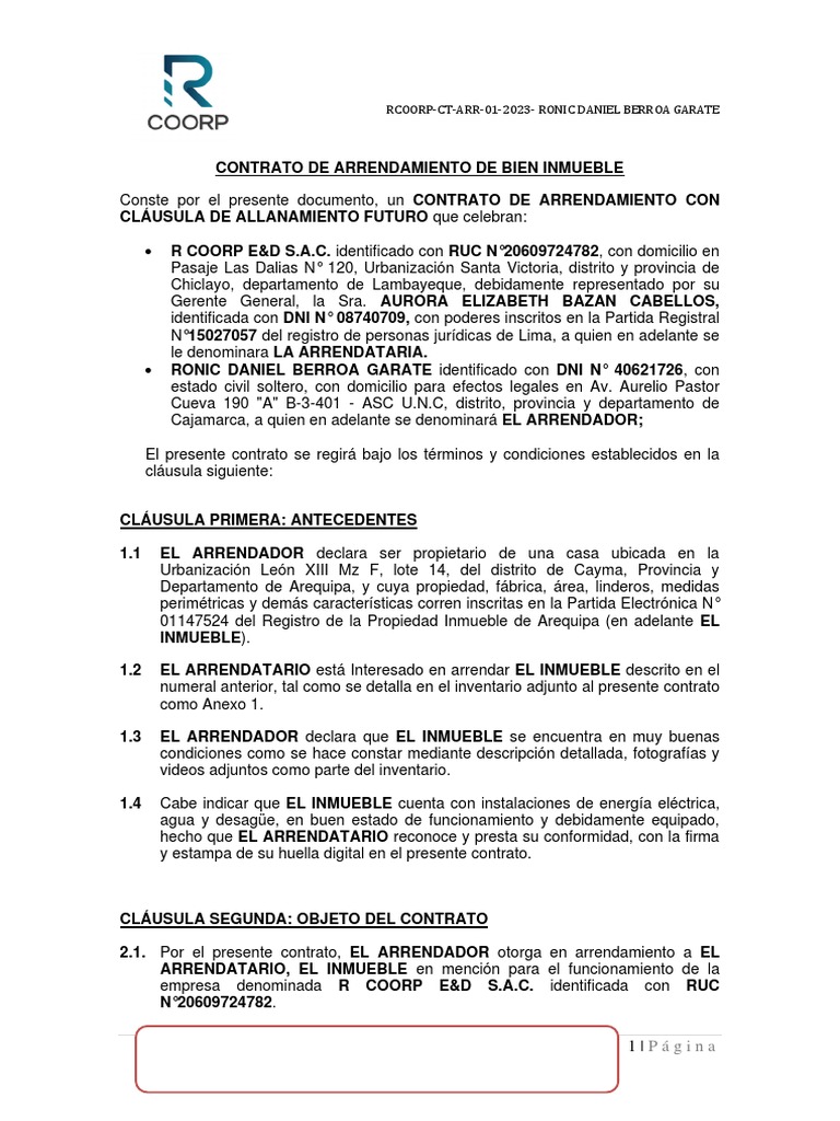 Contrato de Arrendamiento 2023 | PDF