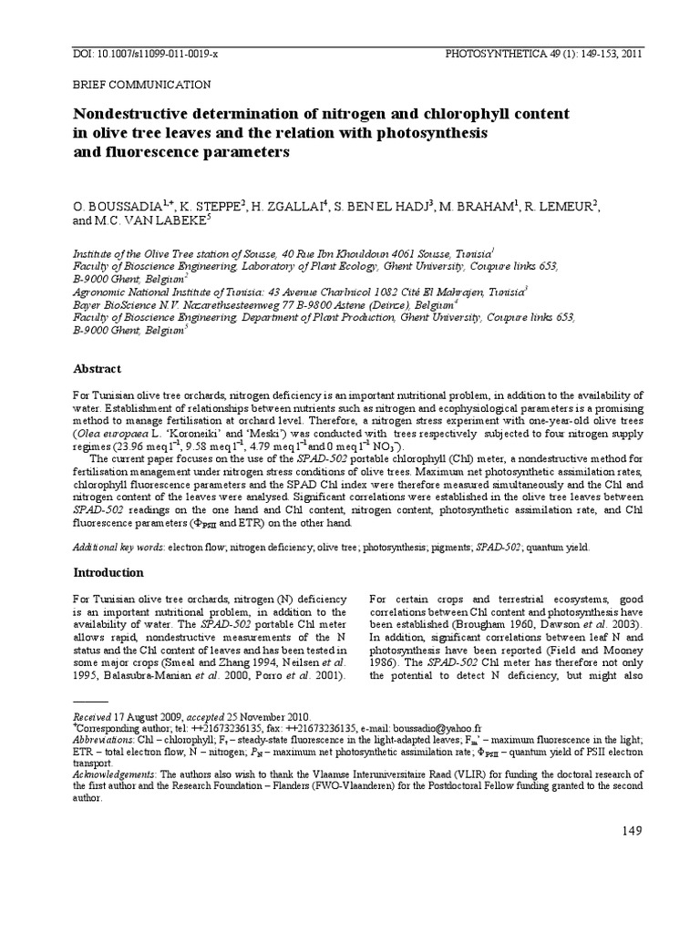 Nitrogen and Chlorophyll in Olive Leaves | PDF