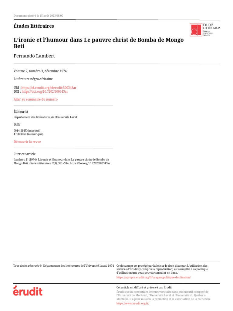 L'ironie Et L'humour Dans Le Pauvre Christ de Bomba de Mongo Beti | PDF ...