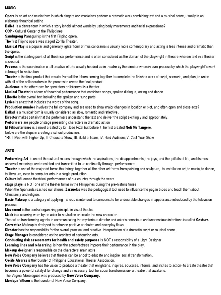 Mapeh 10 Reviewer | PDF | Theatre | Play (Theatre)