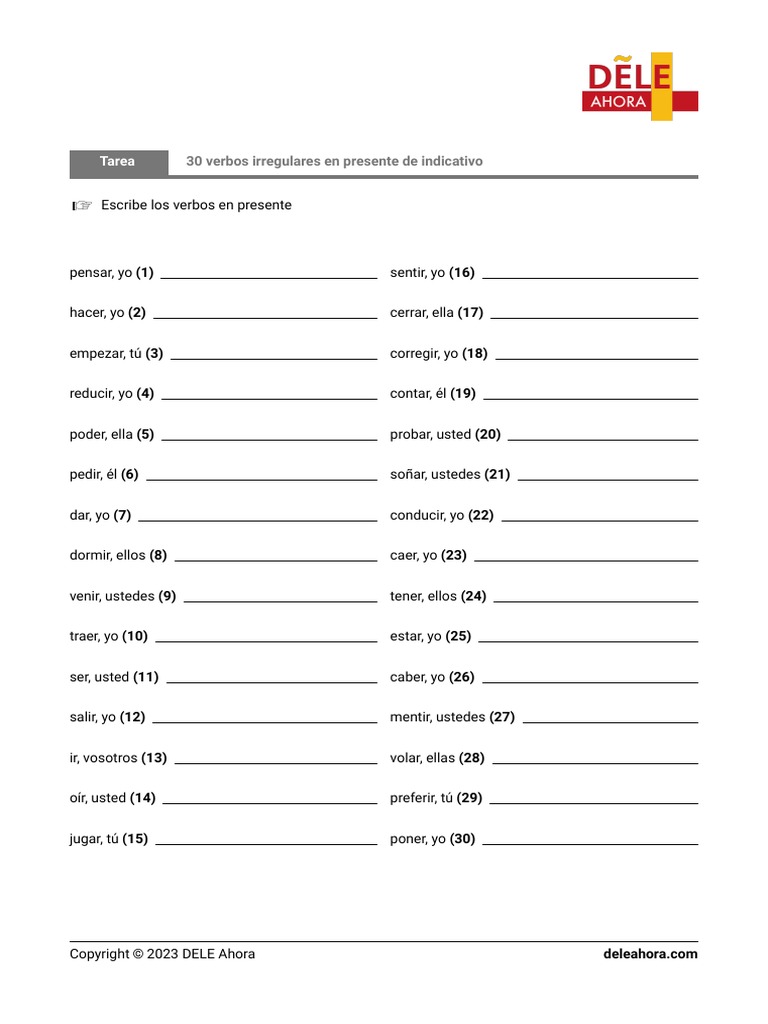 30 Verbos Irregulares en Presente de Indicativo | PDF