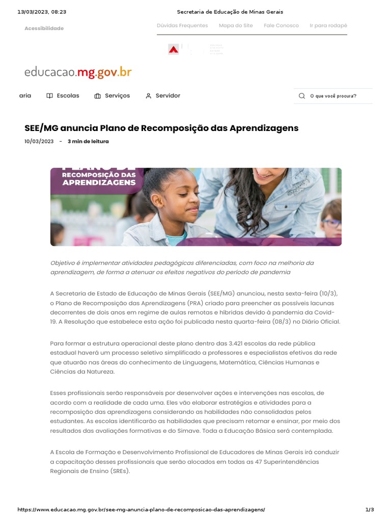 Plano de Recomposição Das Aprendizagens SEE MG 13 - 03 - 23 | PDF