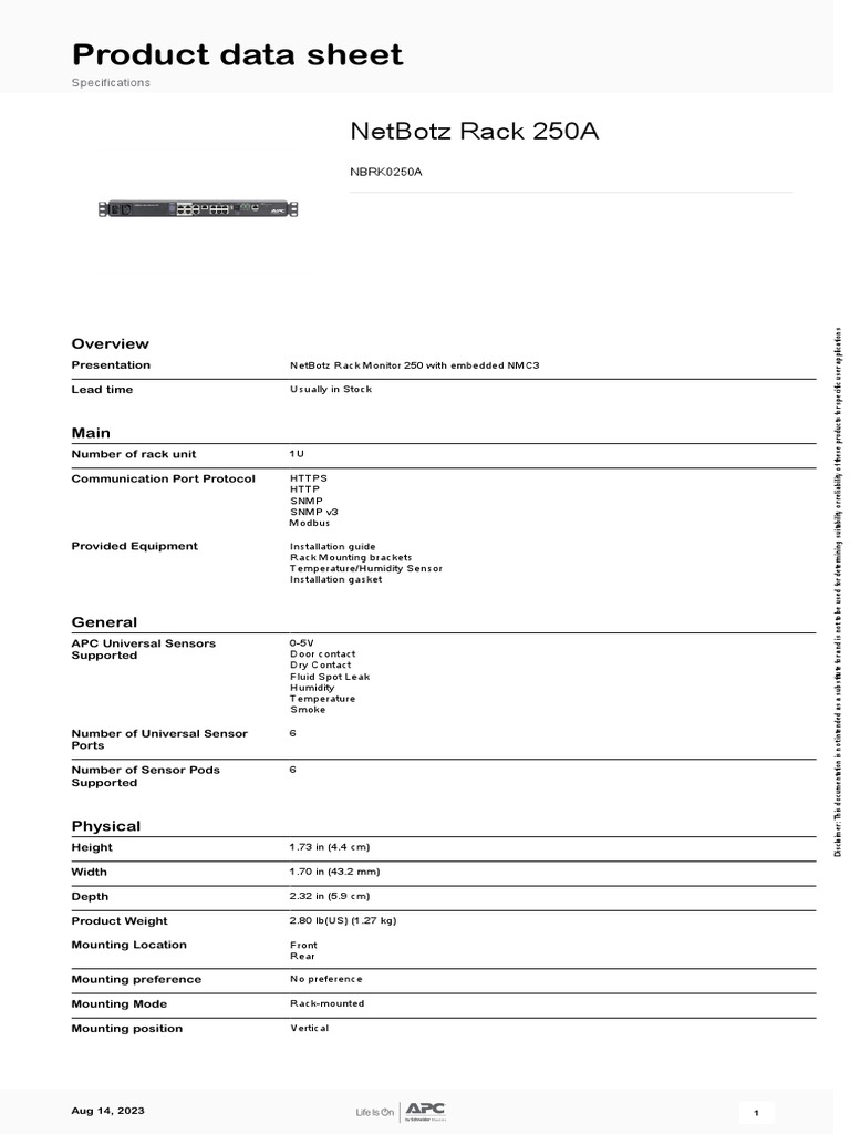 NetBotz 200 - NBRK0250A | PDF