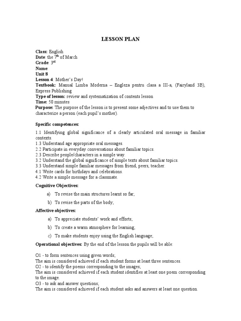 Mother's Day Lesson Plan for 3rd Grade | PDF | Career & Growth ...