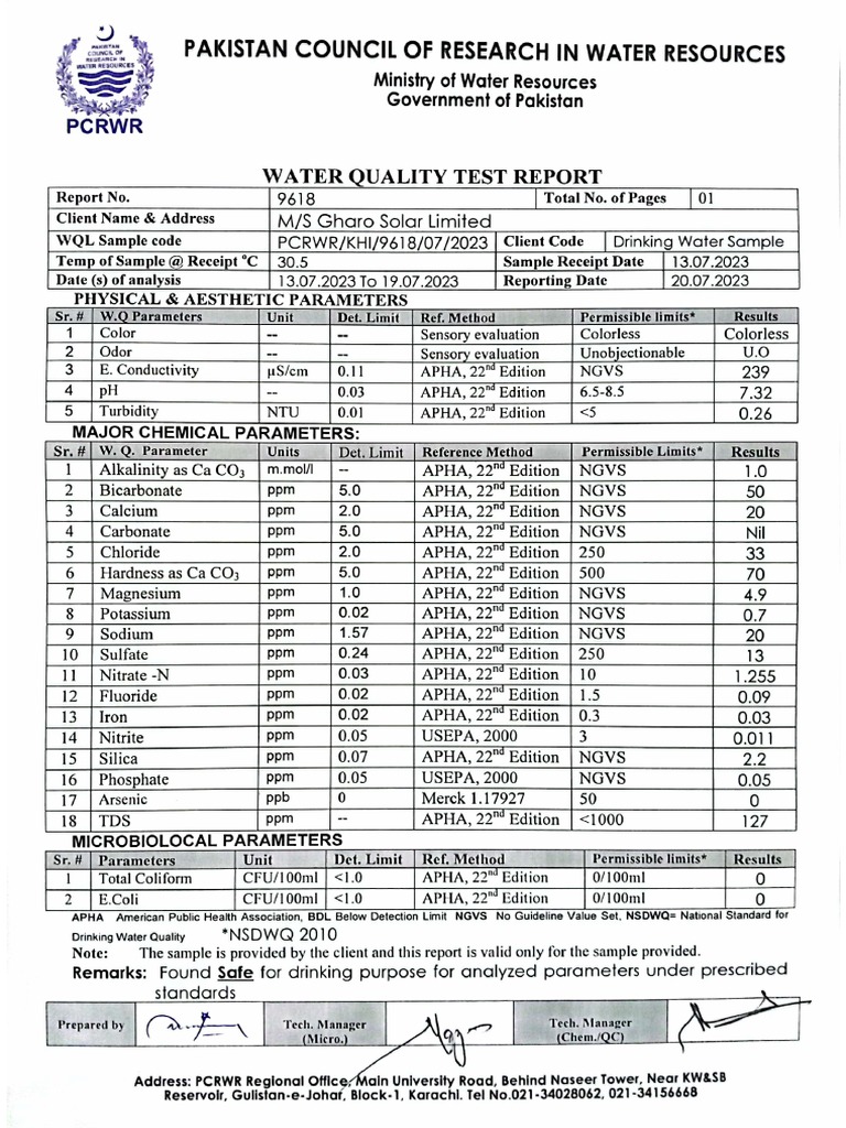 Drinking Water Analysis Report - GSL July-2023 | PDF