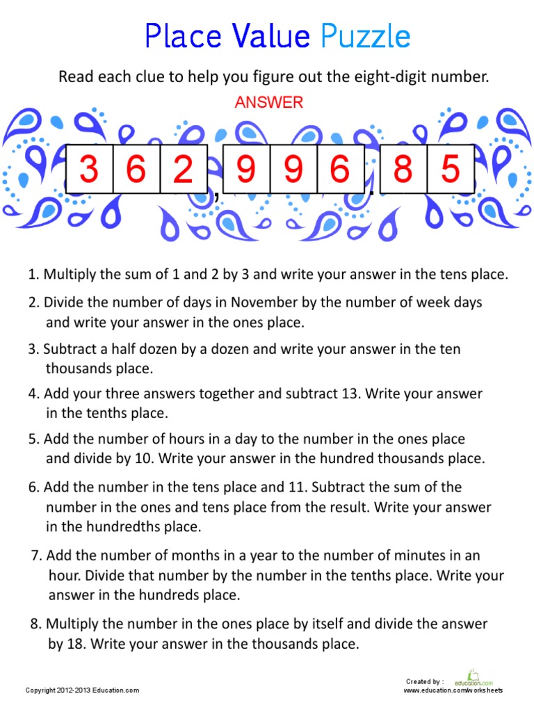 Place Value Puzzle ANSWERS | PDF