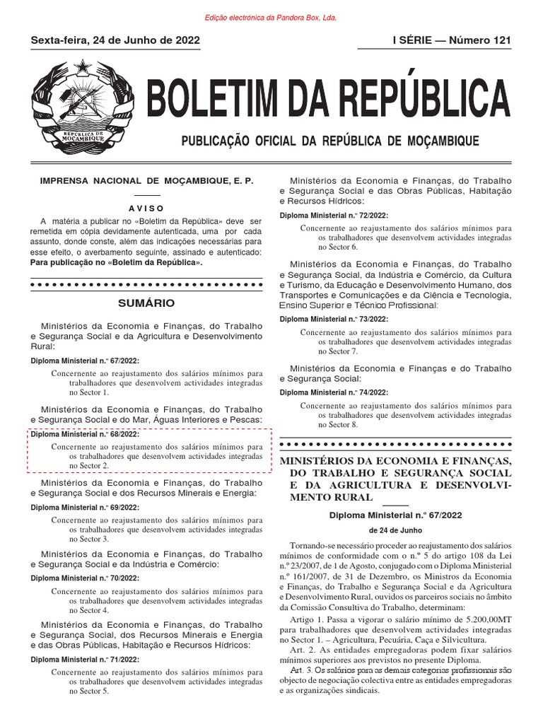 Diploma Ministerial Nº 68.2022 de 24 de Junho de 2022 Concernente Ao ...