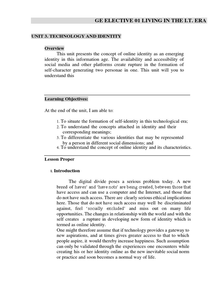 Unit 3 - Elec1 Module | PDF | Identity (Social Science) | Cognition