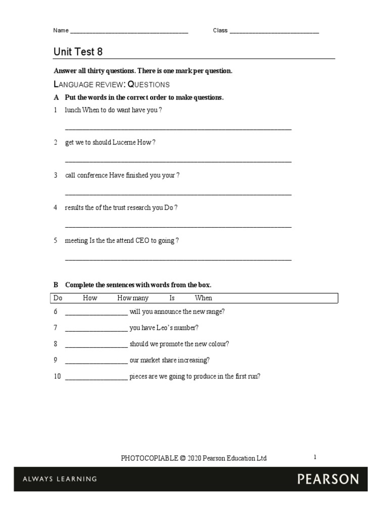 Unit 8 ML Preintermediate test | PDF