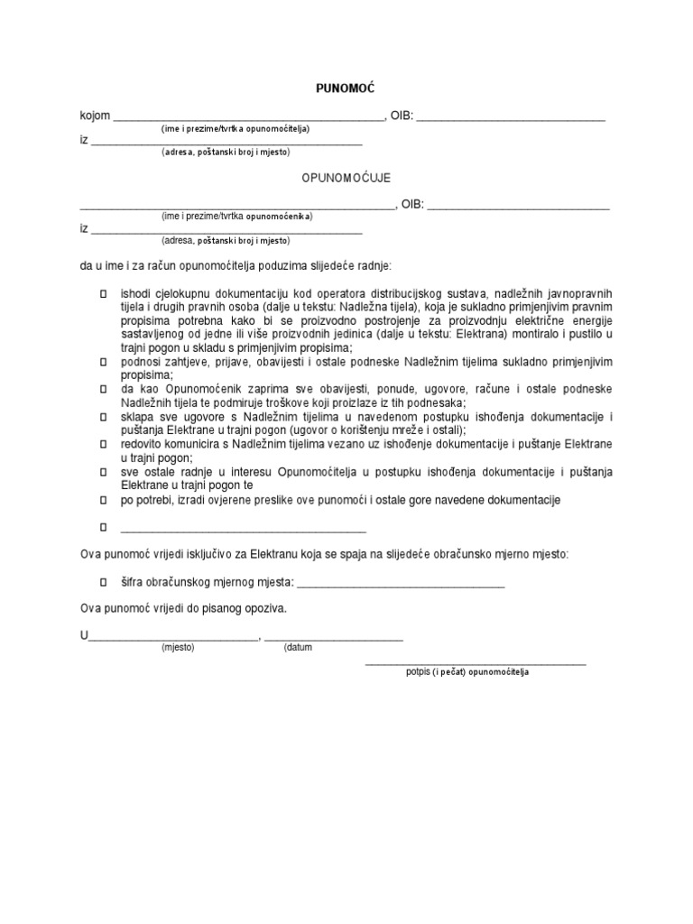 PM Obrazac Punomoci Za Zastupanje Korisnika Mreze Kucanstvo s Vlastitom ...