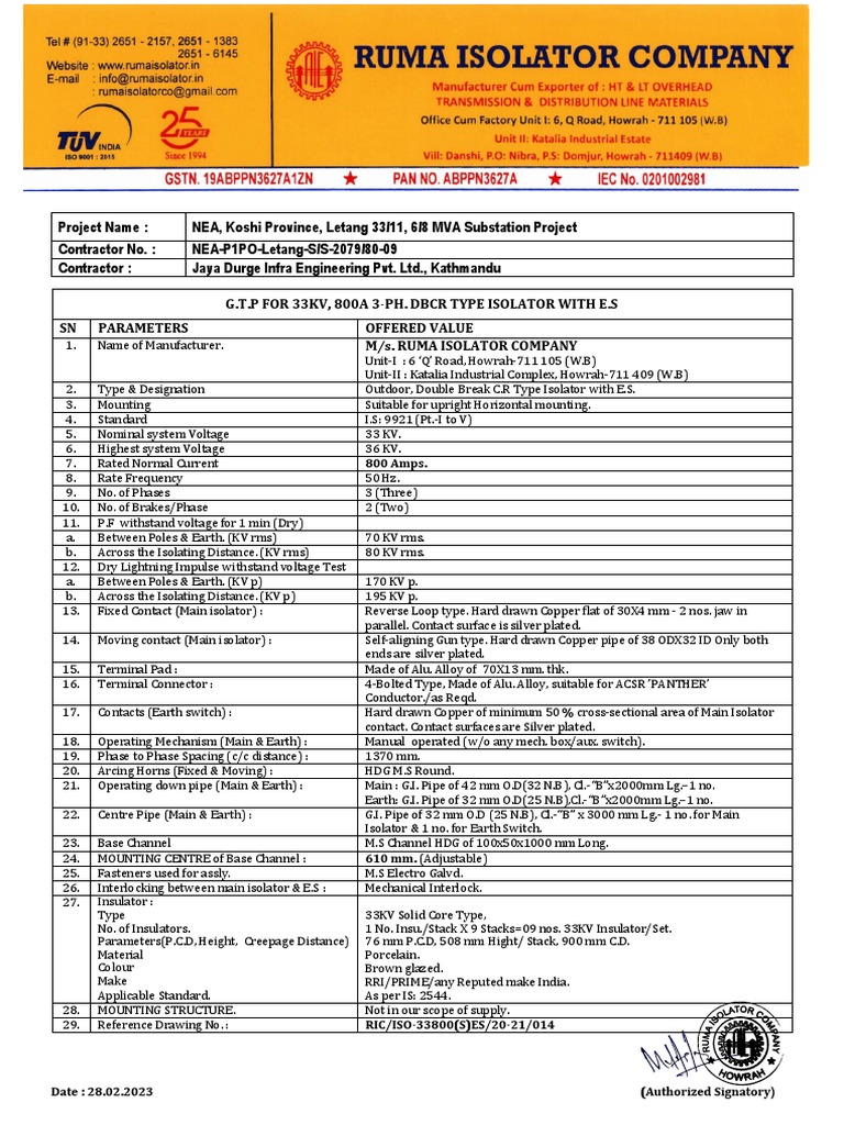 GTP & Drg. - 33KV 800A Isolator WES | PDF