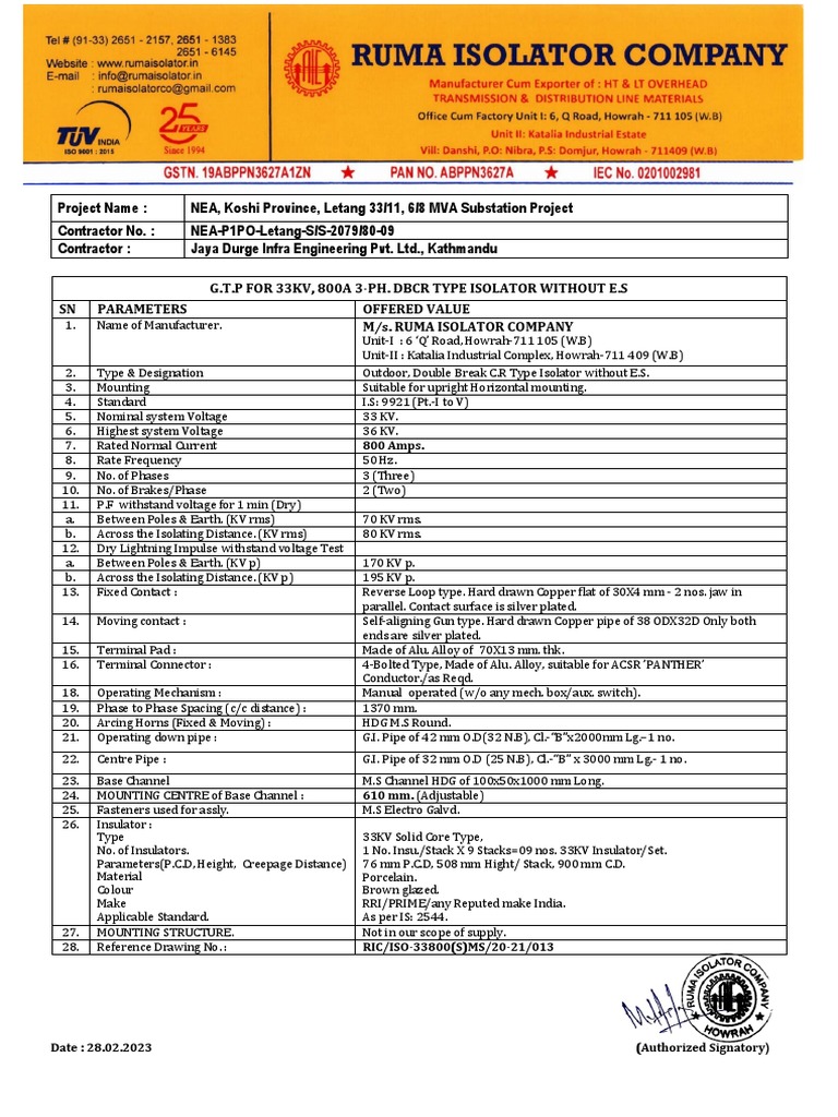 GTP & Drg. - 33KV 800A Isolator WOES | PDF