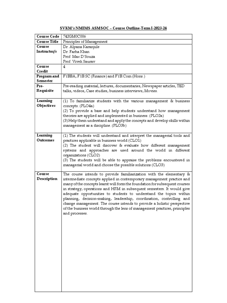 Principles of Management Course Outline | PDF | Leadership | Motivational