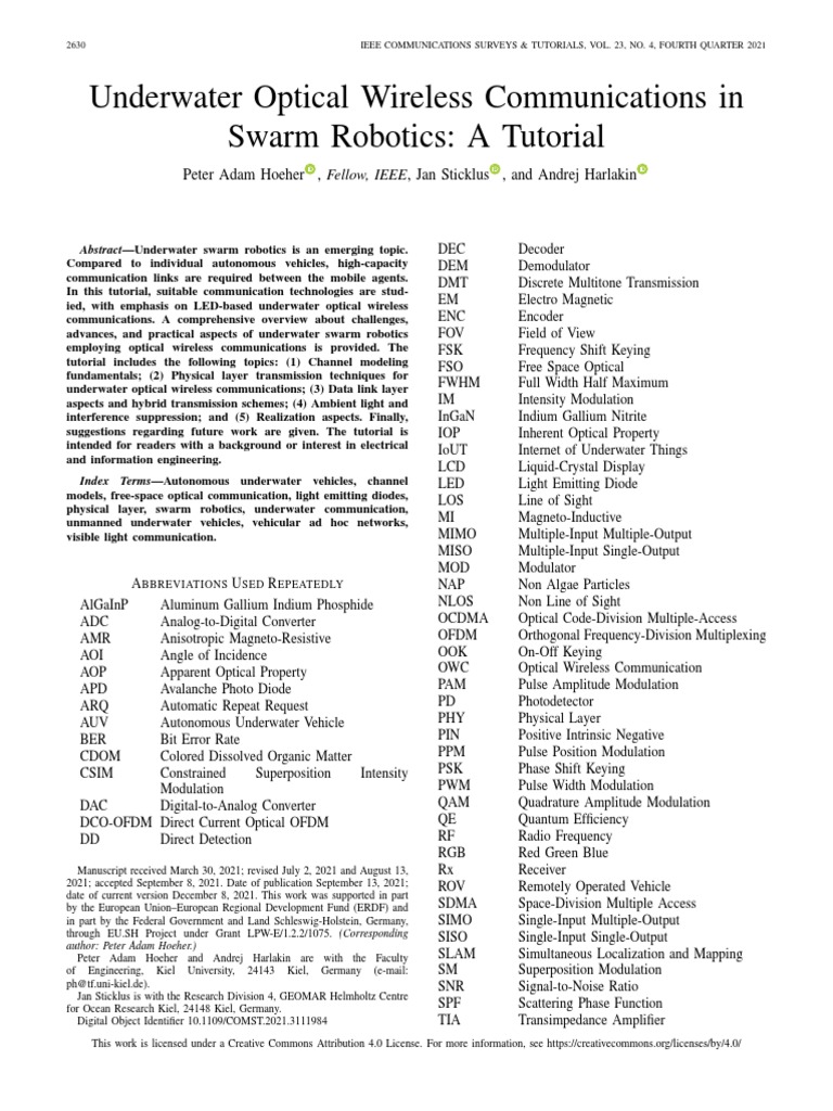Underwater Optical Wireless Communications In Swarm Robotics A Tutorial Pdf