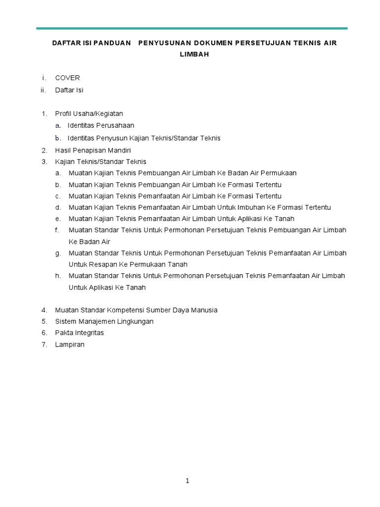 Daftar Isi Panduan Penyusunan Dokumen Persetujuan Teknis Air Limbah | PDF