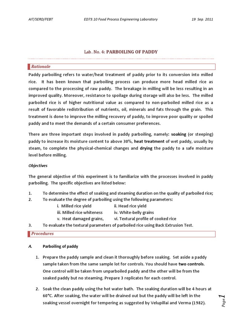 Lab 4 - Parboiling Rice Milling | PDF | Rice | Extrusion