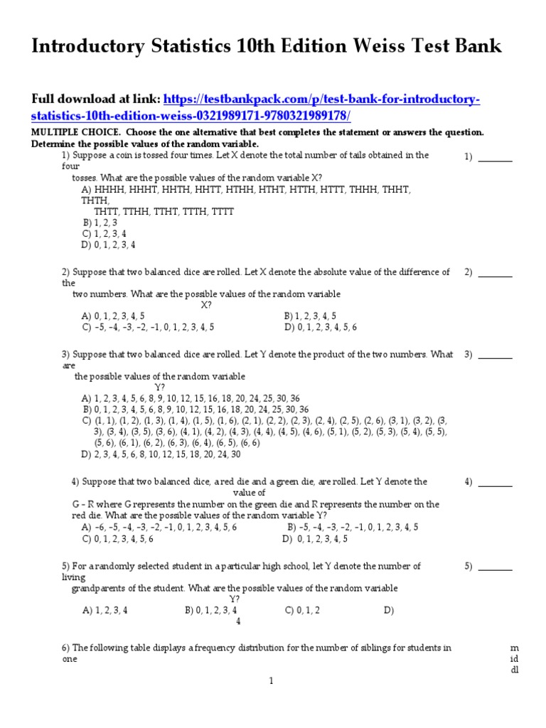 Introductory Statistics 10th Edition Weiss Test Bank Download | PDF ...