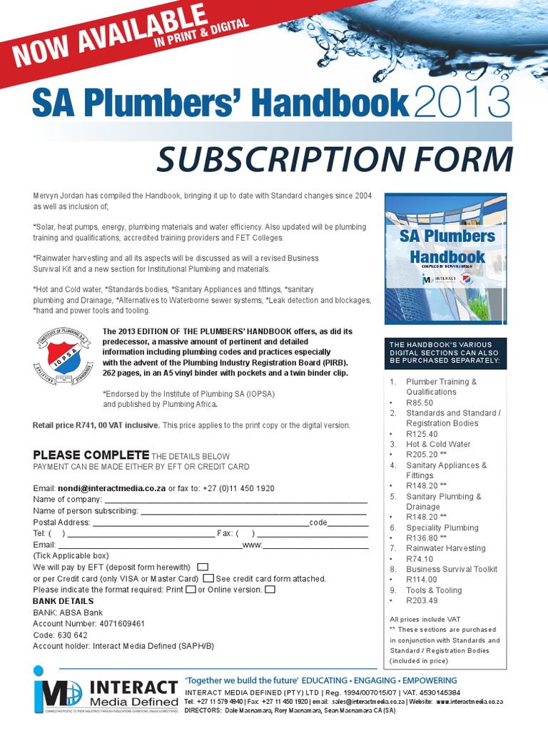 2013 SA Plumbers' Handbook Available | PDF | Plumbing