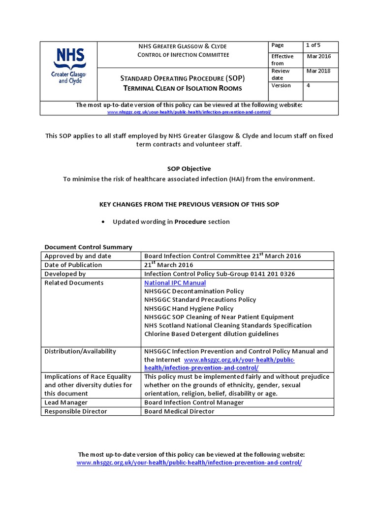 Sop Terminal Clean of Isolation Rooms v4 Mar 2016 | PDF | Laundry | Hygiene