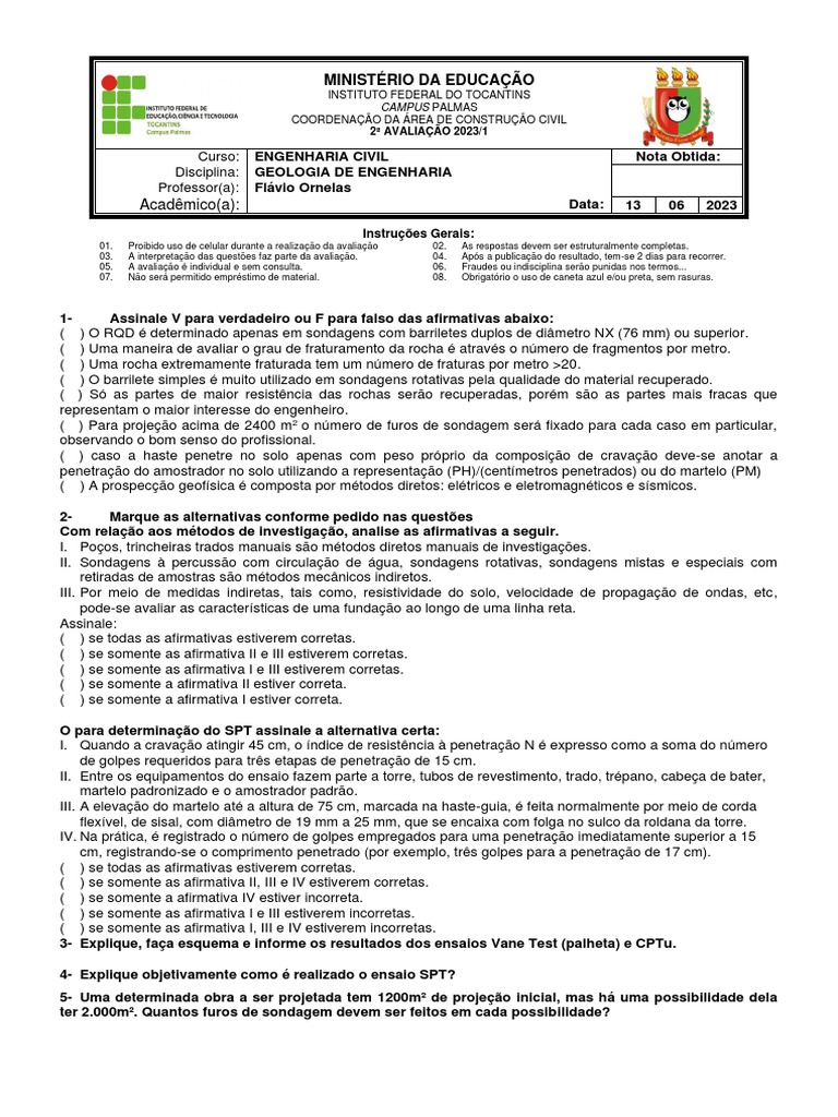 2a Avaliação Geologia 2023.1 | PDF | Geofísica