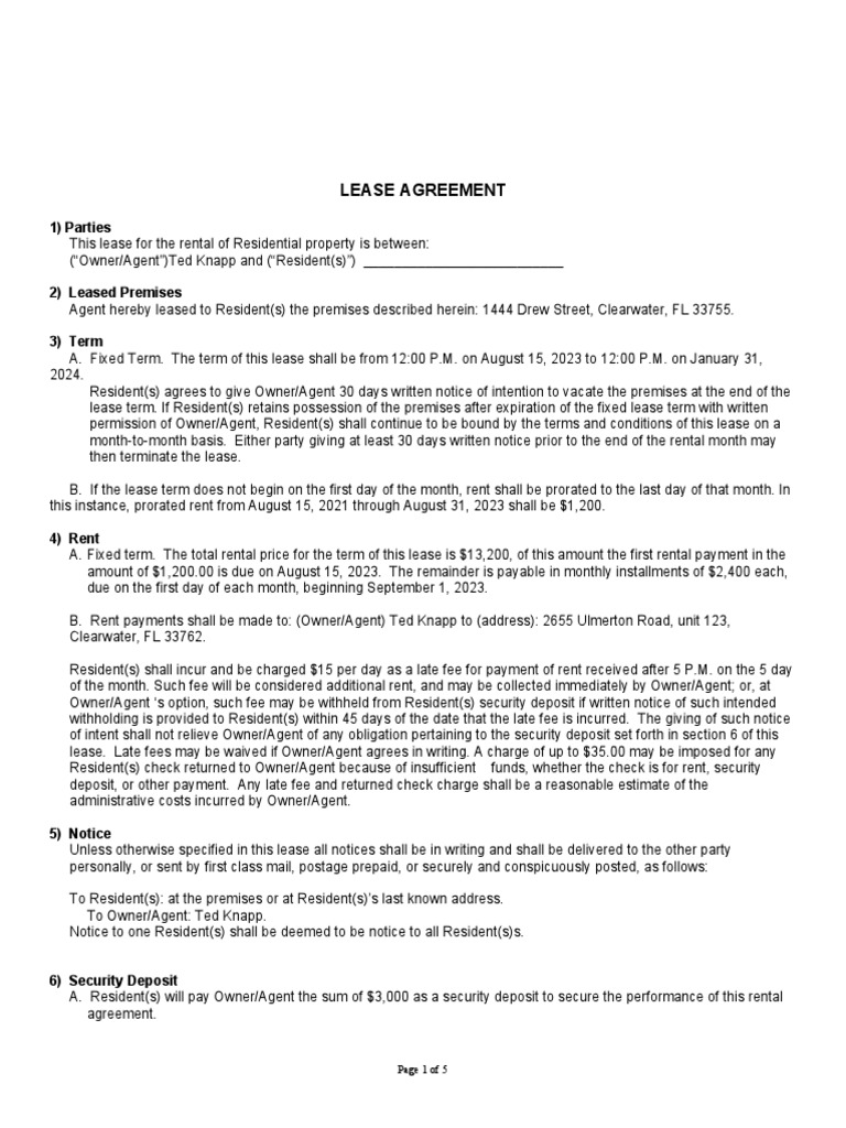 Clearwater Residential Lease Agreement | PDF | Law
