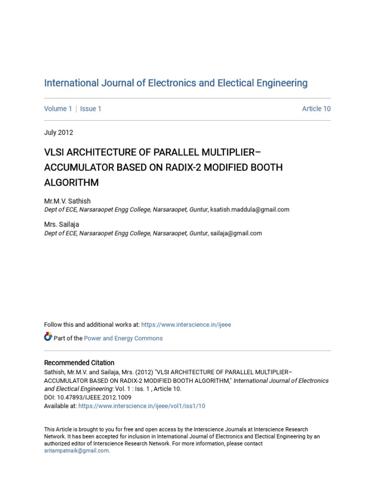 Vlsi Architecture of Parallel Multiplier - Accumulator Based | PDF | Multiplication | Electrical ...