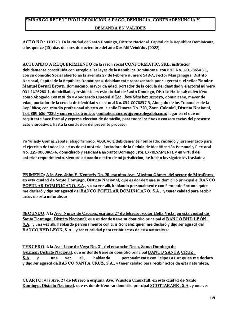 Embargo Retentivo en Bancos RD | PDF