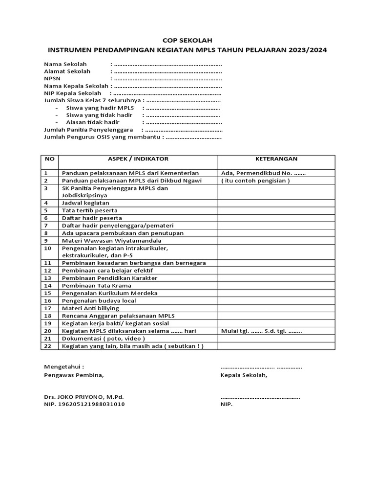 2.instrumen Pendampingan Kegiatan Mpls 23-24 | PDF | Karier & Perkembangan