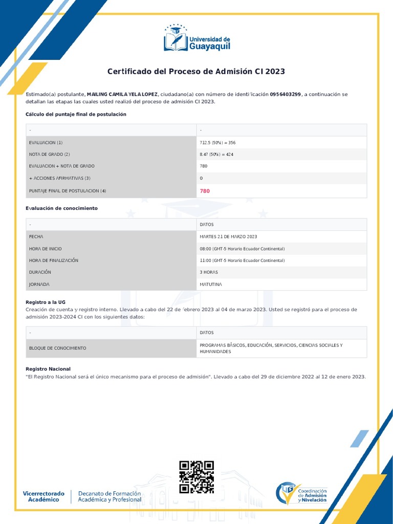 Certificado Del Proceso de Admisión CI 2023 | PDF