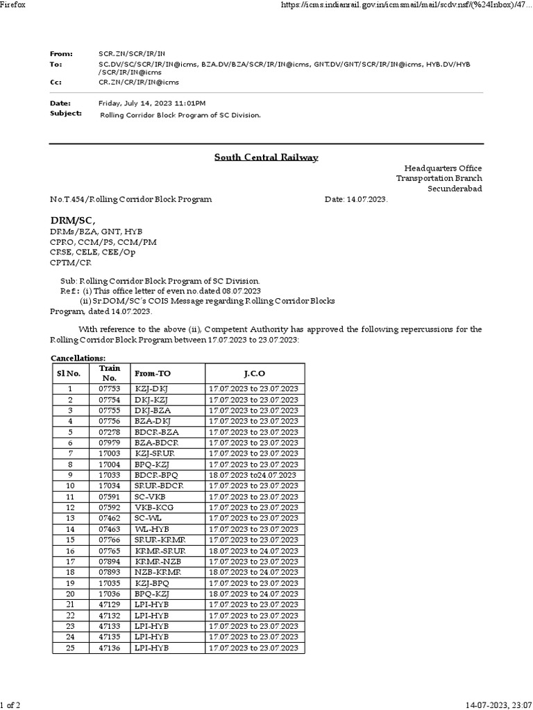 Rolling Corridor Block Program of SC Division-1 | PDF