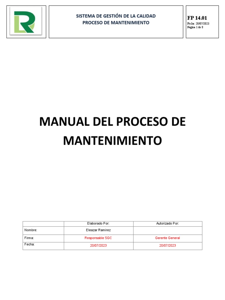Manual Del Proceso de Mantenimiento. | PDF | Calidad (comercial ... Manual Del Proceso de Mantenimiento. | PDF | Calidad (comercial ...