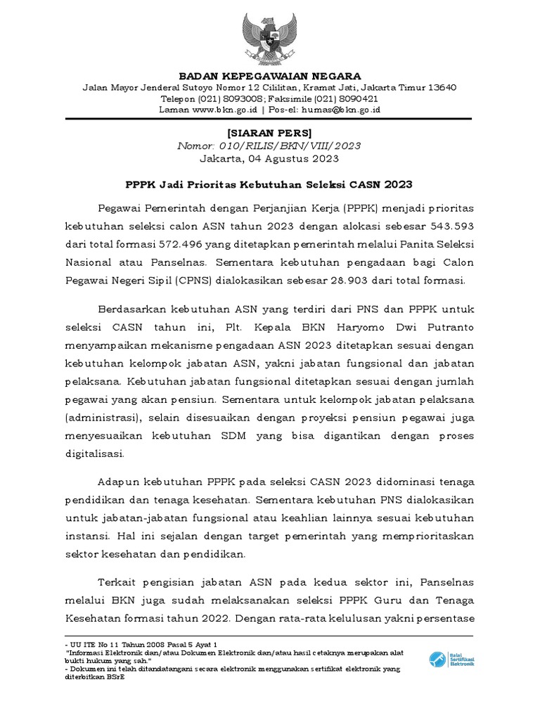 Siaran Pers Nomor 010 Rilis BKN Viii 2023 Jakarta 04 Agustus 2023 | PDF
