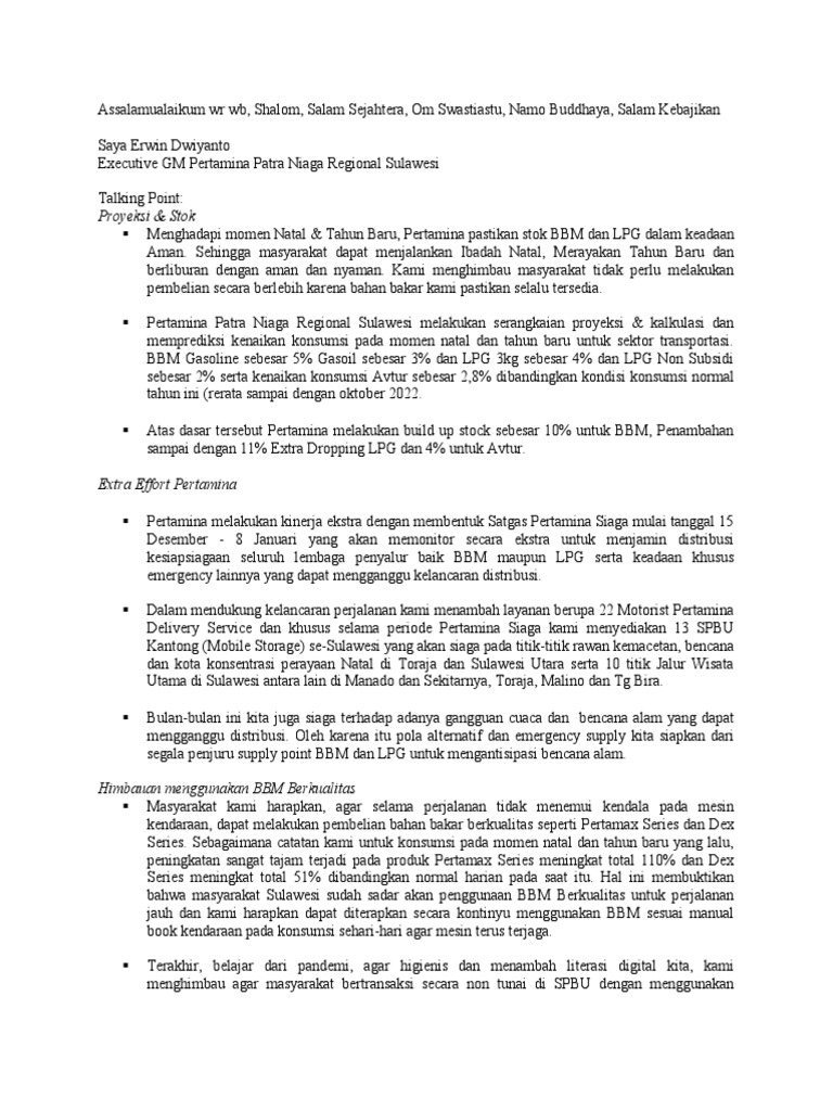 Transkrip Statement EGM Presscon Pertamina Nataru | PDF