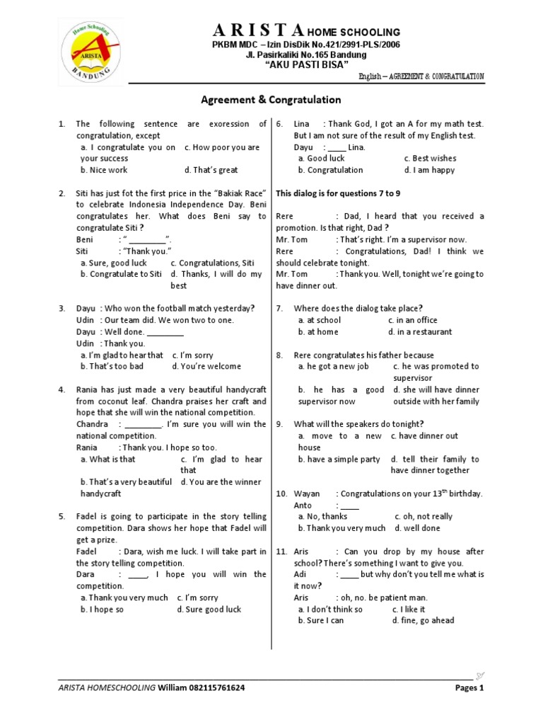 English Congratulation & Agreement Quiz | PDF