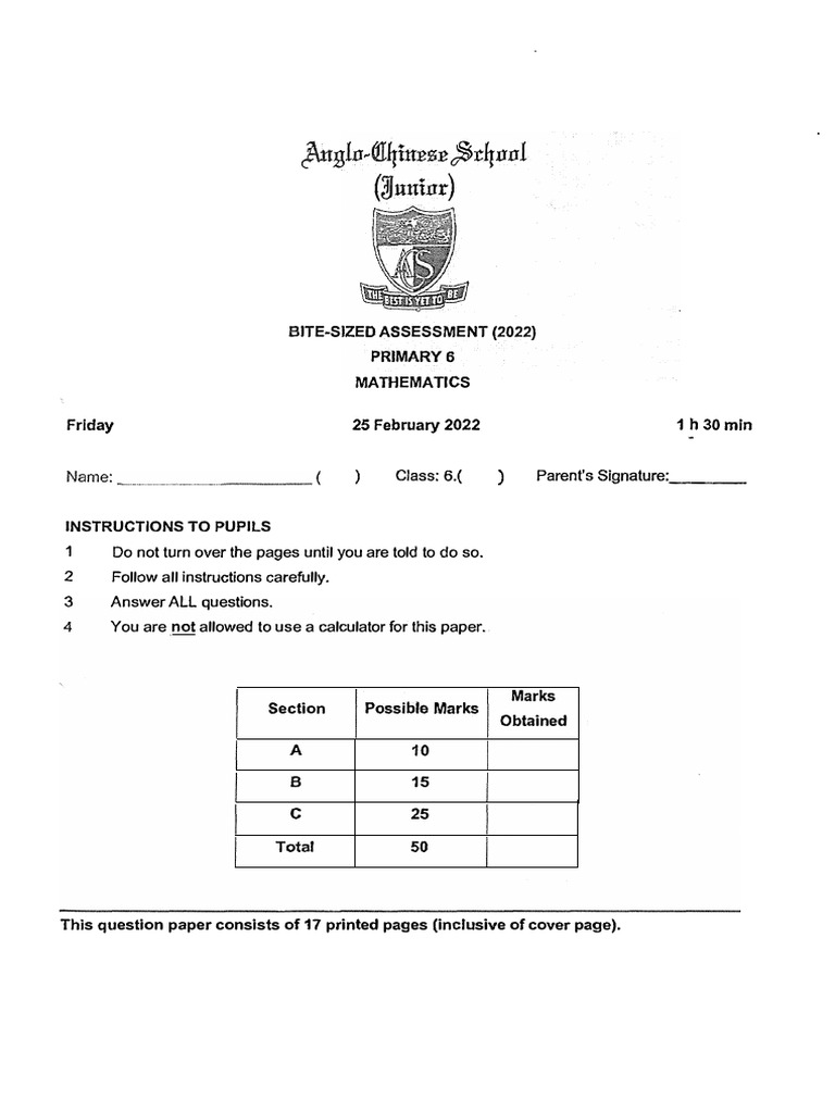 P6 Maths BA1 2022 ACSJ Exam Papers | PDF