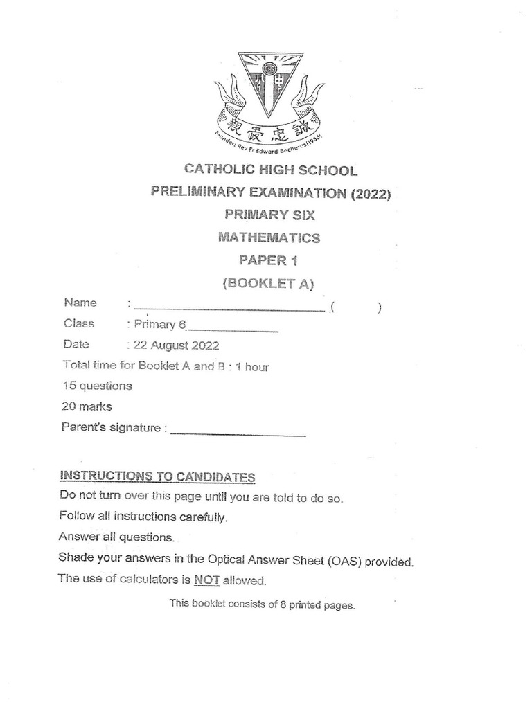 P6 Maths Prelim 2022 CatholicHigh Exam Papers | PDF