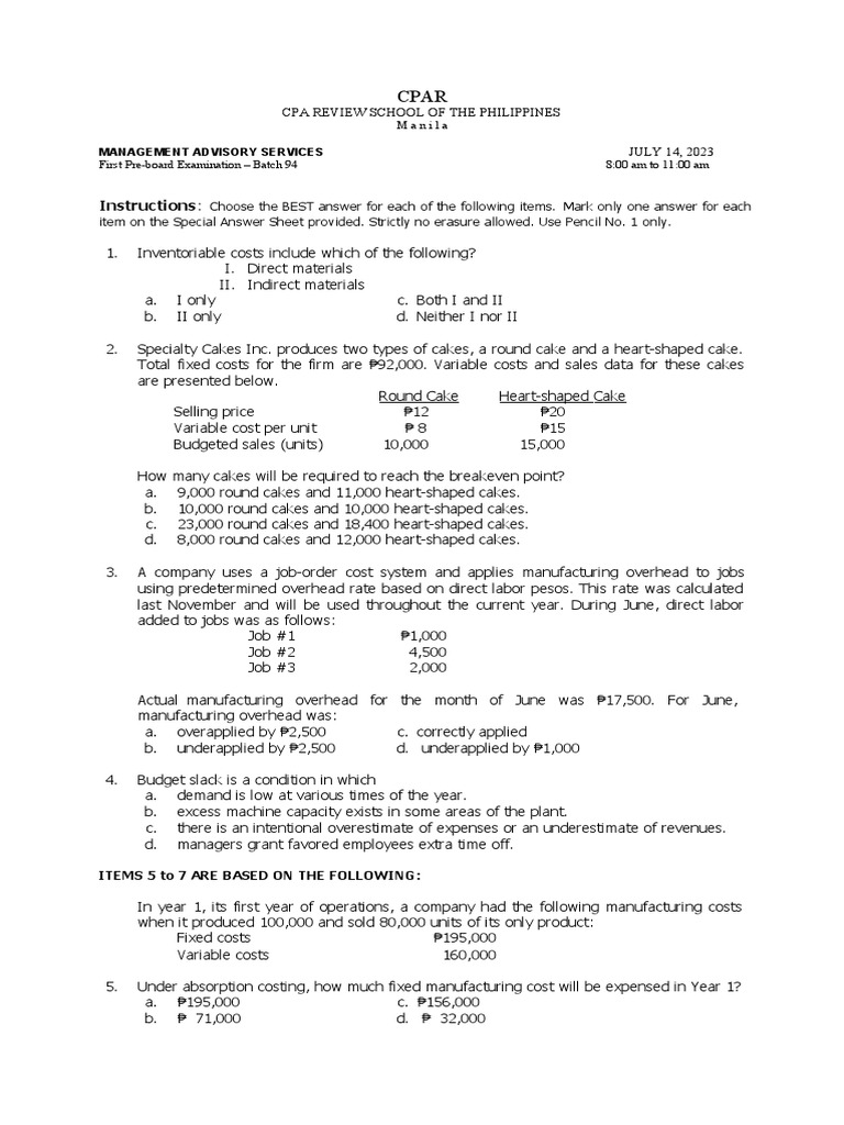 First Preboard Questionnaire | PDF | Cost Of Goods Sold | Labour Economics
