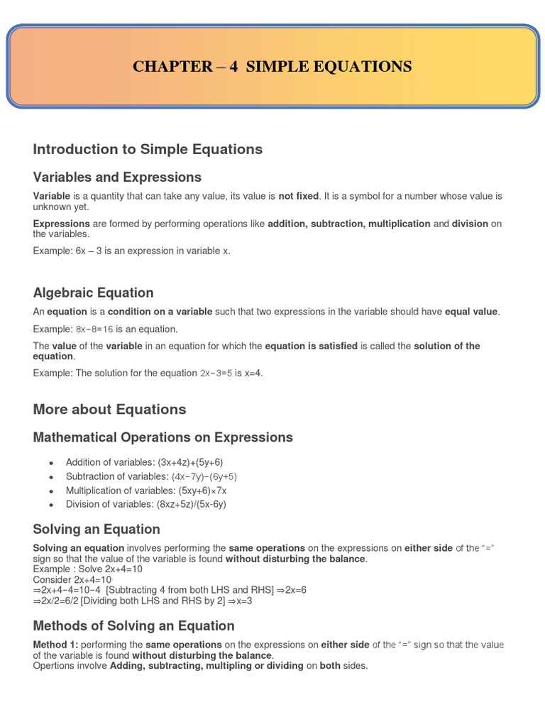 Vii-Simple Equatios | PDF | Variable (Mathematics) | Equations