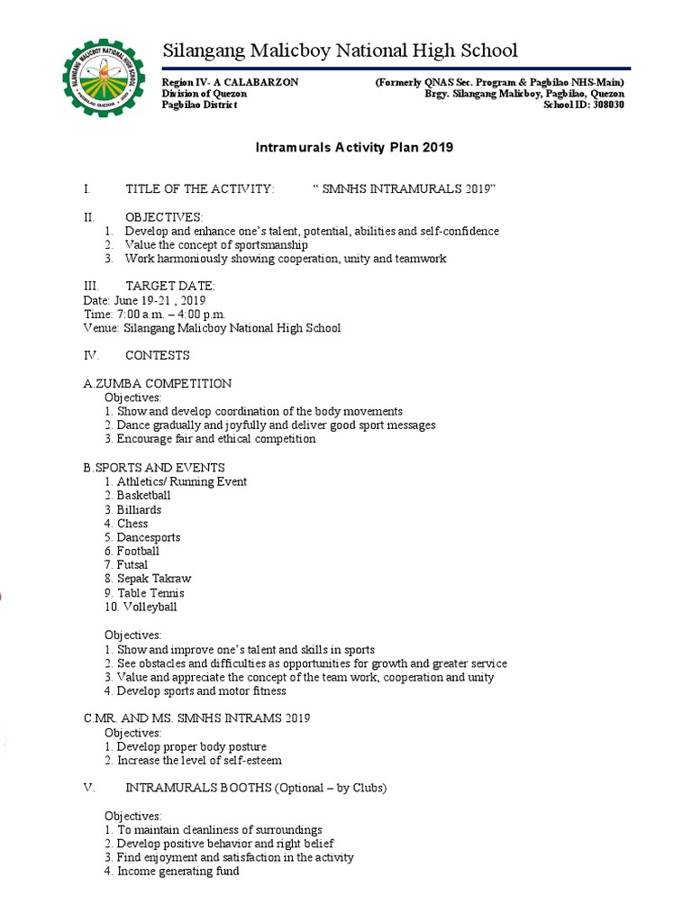 SMNHS Intramurals 2019 Activity Plan | PDF