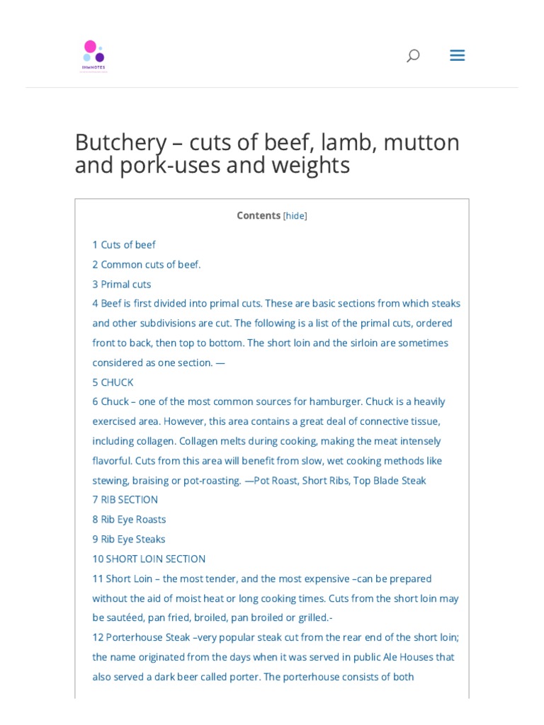 Butchery - Cuts of Beef, Lamb, Mutton and Pork-Uses and Weights - IHM ...