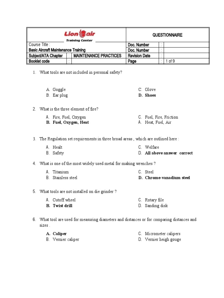 Maintenance Practice Questionnaire 1 | PDF