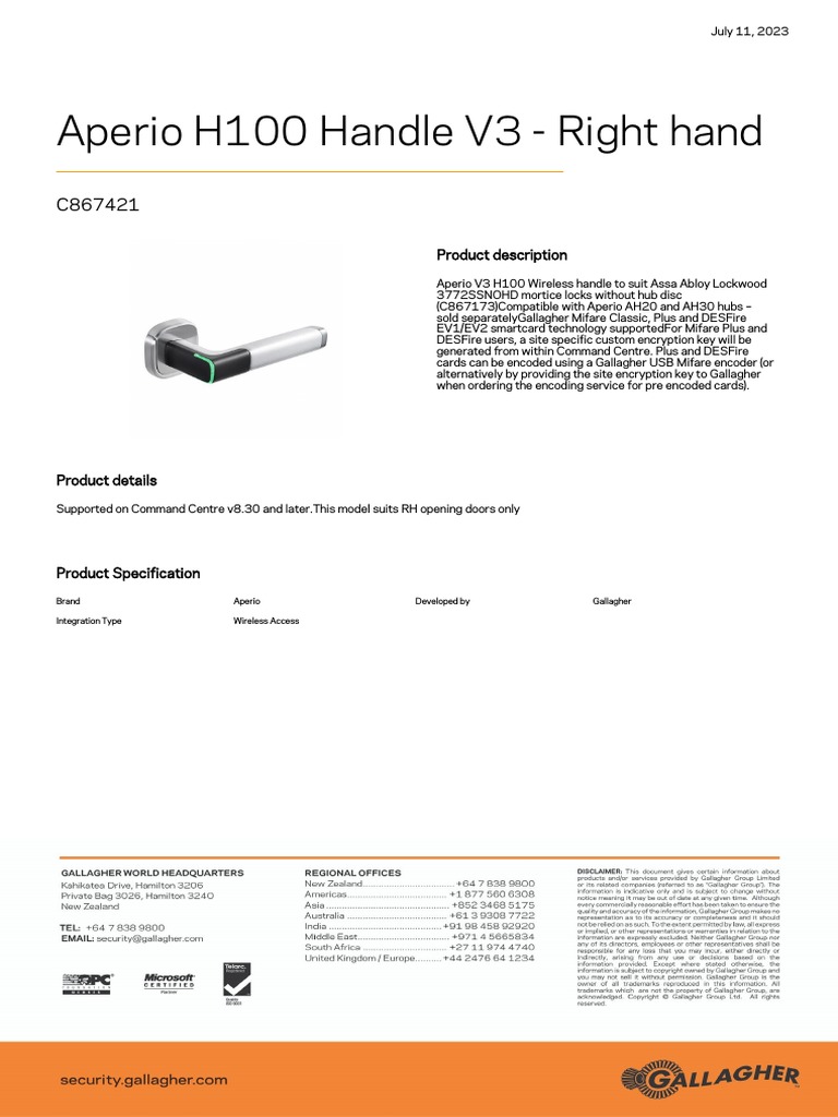 Aperio H100 Handle for RH Doors | PDF