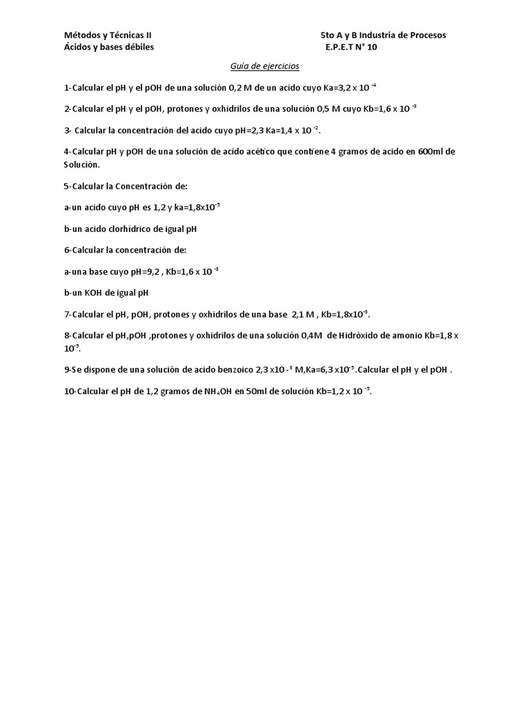 Guía de Ejercicios Acidos y Bases Debiles y Fuertes | PDF