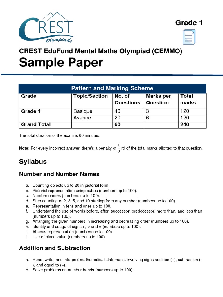 MMO Sample Papers For Class 1 | PDF