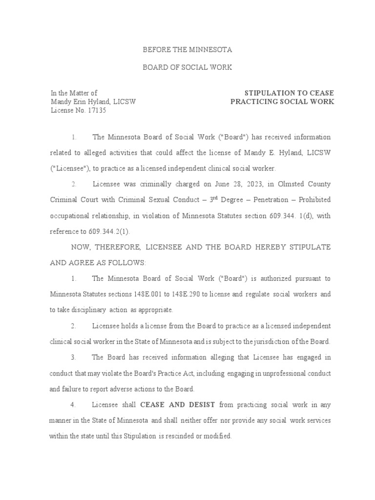 Mandy Hyland Stipulation To Cease Practice | PDF | License | Political Law